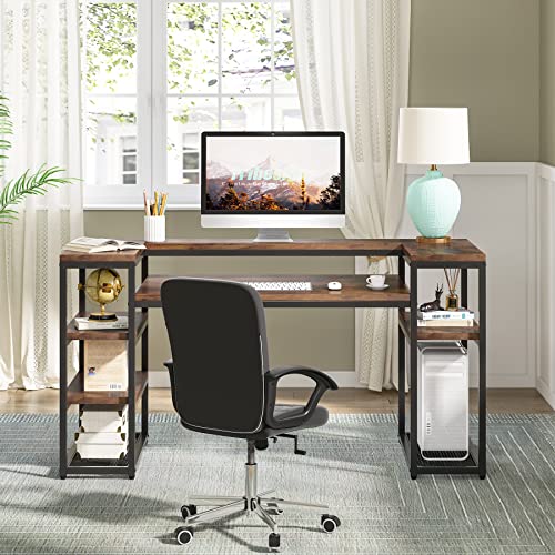Tribesigns 63 Inches Computer Desk with Open Storage Shelves, Large Office Desk with Monitor Shelf & CPU Stand, Study Writing Table Workstation with Printer Stand for Home Office(Brown)