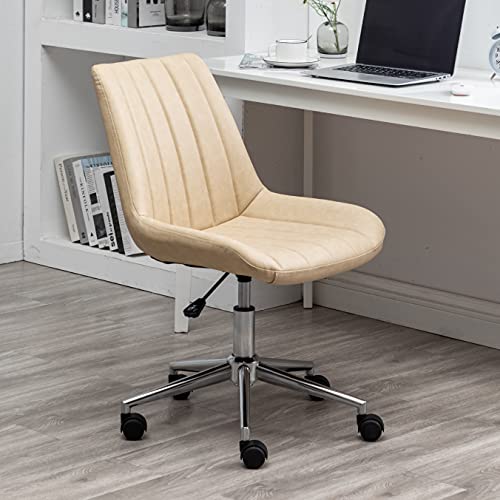 BTEXPERT Beige Home Office Faux Leather Computer Ergonomic Task Adjustable Leisure Chrome Base Swivel Armless Rolling Wheels Study Desk Vanity Chair