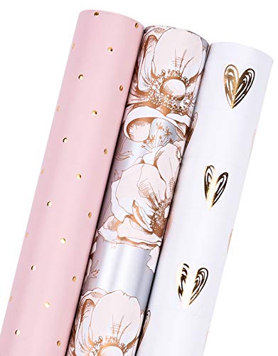 MAYPLUSS Wrapping Paper Roll - Mini Roll - 17 inch X 120 inch Per roll - 3 Different Pink and Gray Floral Design (42.3 sq.ft.ttl)
