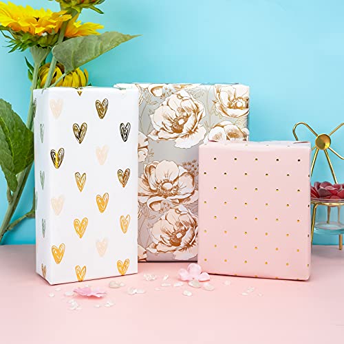 MAYPLUSS Wrapping Paper Roll - Mini Roll - 17 inch X 120 inch Per roll - 3 Different Pink and Gray Floral Design (42.3 sq.ft.ttl)