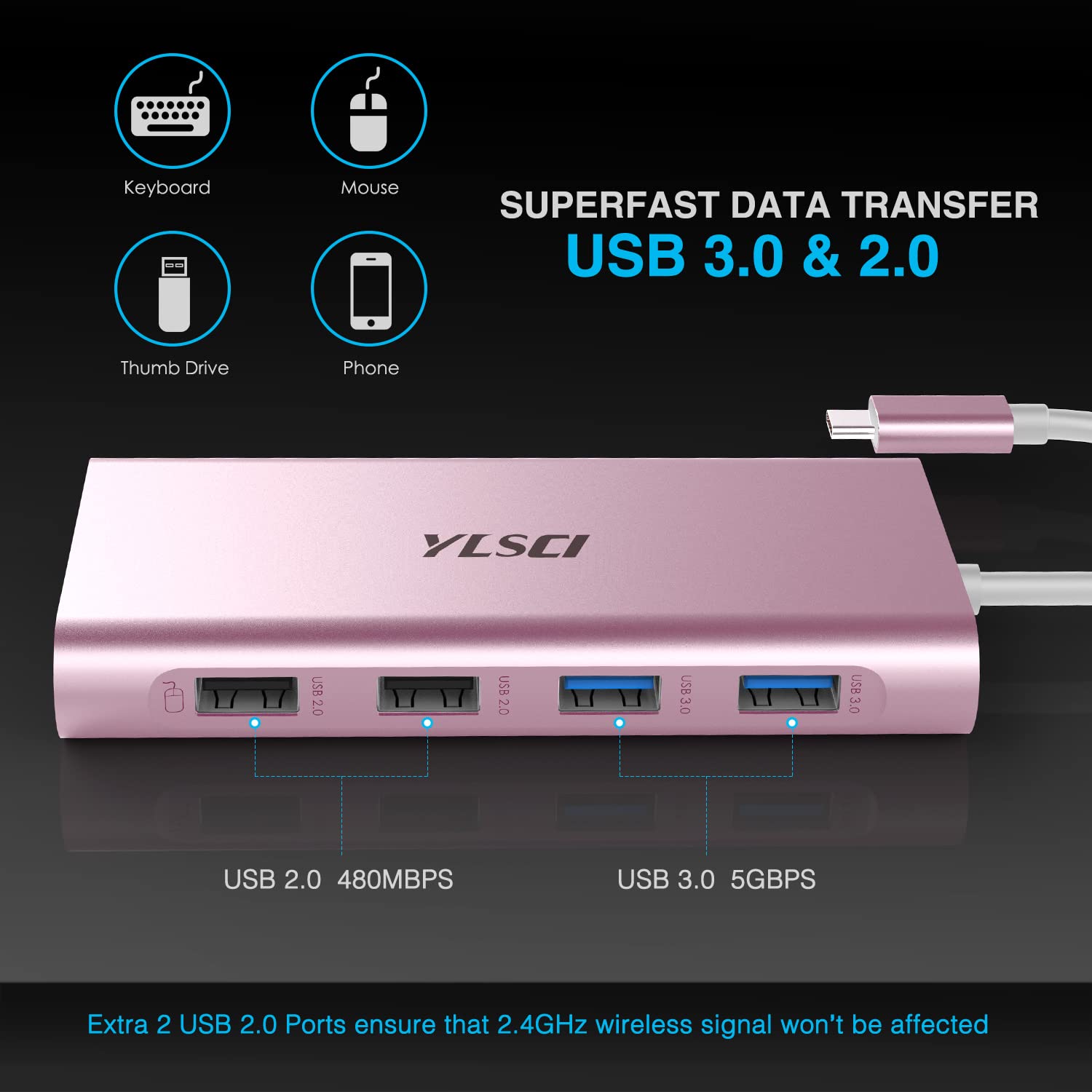 YLSCI USB C HUB, 11 in 1 Docking Station USB C Adapter, 2 x USB 2.0, 2 x USB 3.0, USB C, HDMI, VGA, RJ45, SD/TF Karteleser und Audio, rosa Gold