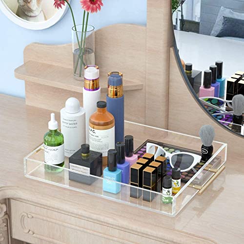 HIIMIEI Acrylic Serving Tray 12x16 Inch, Clear Trays with Gold Handles, Decorative able Tray for Coffee, Appetizer, Breakfast, Bathroom, Vanity