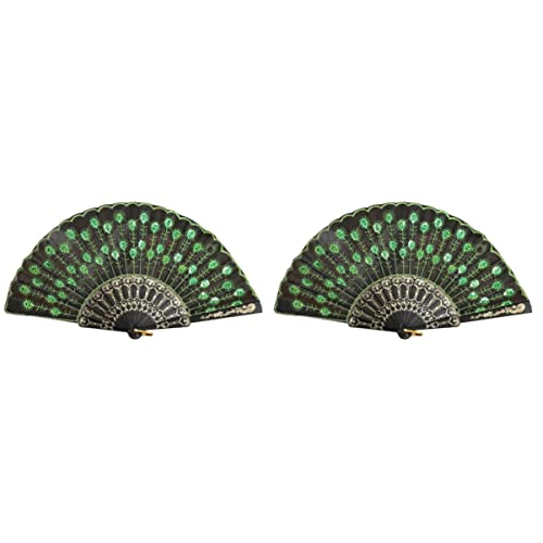 RAZZUM 2 Pcs Handmade Sequins Peacock Dancing Fans Foldable Fan Sequin Fan Hand Fans for Women Peacock Fan Folding Fan Spanish Hand Fan Flower Folding Fan Summer Handheld Fan Silk Fan Fan