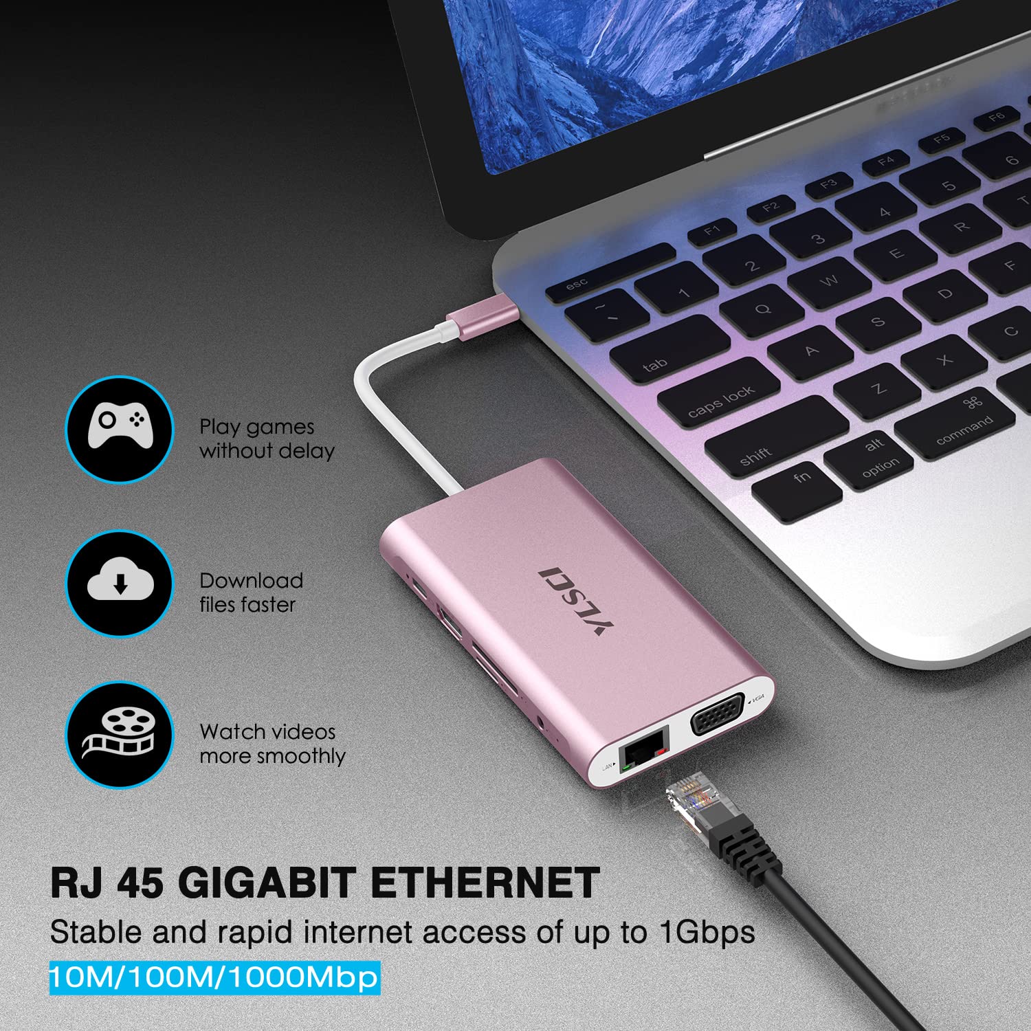 YLSCI USB C HUB, 11 in 1 Docking Station USB C Adapter, 2 x USB 2.0, 2 x USB 3.0, USB C, HDMI, VGA, RJ45, SD/TF Karteleser und Audio, rosa Gold