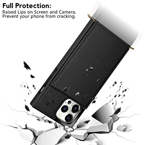 Vofolen Compatible with iPhone 12 Wallet Case iPhone 12 Cover with Credit Card Holder Lanyard Crossbody Strap Leather Magnetic Clasp Kickstand Heavy Duty Protective Square Flip Cover Black