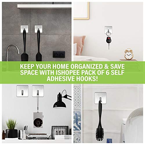 Self Adhesive Hooks by ishopee β Heavy Duty Stick Hanging Hooks for Bathroom Kitchen Wall β Reusable Stick on Hooks β Waterproof Stainless Steel Towel Hangers and Organizers, 6 Pack