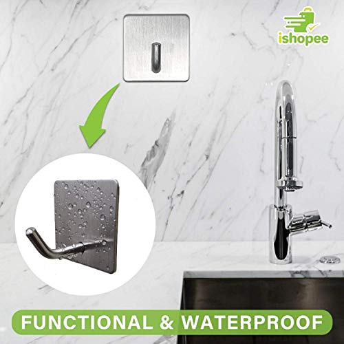 Self Adhesive Hooks by ishopee β Heavy Duty Stick Hanging Hooks for Bathroom Kitchen Wall β Reusable Stick on Hooks β Waterproof Stainless Steel Towel Hangers and Organizers, 6 Pack