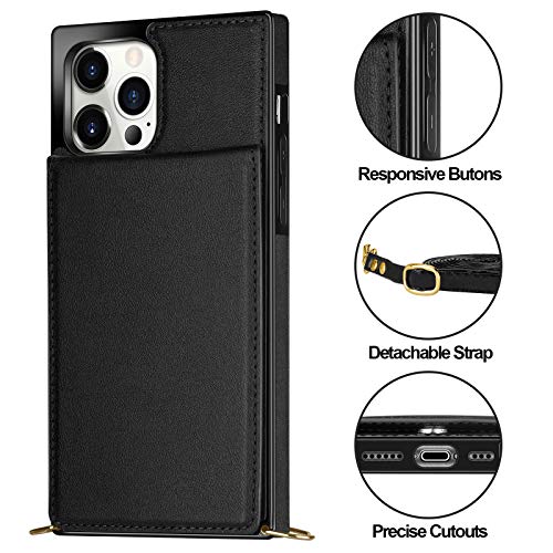Vofolen Compatible with iPhone 12 Wallet Case iPhone 12 Cover with Credit Card Holder Lanyard Crossbody Strap Leather Magnetic Clasp Kickstand Heavy Duty Protective Square Flip Cover Black