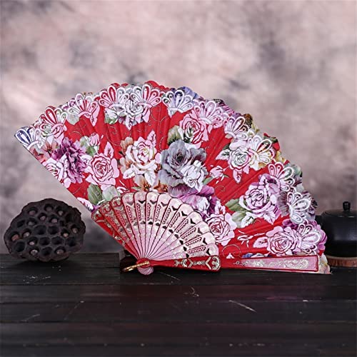 ONILA Folding Hand Fan Flower Fans Rose Bronzing Lace Wedding Folding Retro Silk Fan Dance Decor Chinese Style Party Hand Held Flower Fans Handheld Fans (Color : Pink)