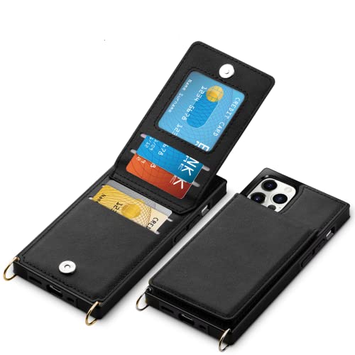 Vofolen Compatible with iPhone 12 Wallet Case iPhone 12 Cover with Credit Card Holder Lanyard Crossbody Strap Leather Magnetic Clasp Kickstand Heavy Duty Protective Square Flip Cover Black