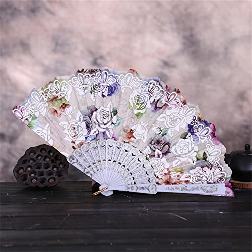 ONILA Folding Hand Fan Flower Fans Rose Bronzing Lace Wedding Folding Retro Silk Fan Dance Decor Chinese Style Party Hand Held Flower Fans Handheld Fans (Color : Pink)