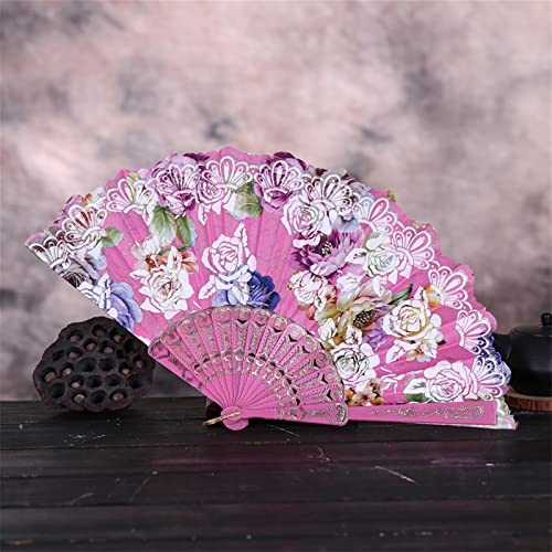 ONILA Folding Hand Fan Flower Fans Rose Bronzing Lace Wedding Folding Retro Silk Fan Dance Decor Chinese Style Party Hand Held Flower Fans Handheld Fans (Color : Pink)