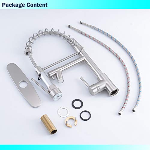 DJS Kitchen Faucet with Pull Down Sprayer, Faucet for Kitchen Sink, High Arch Stainless Steel Single Handle Spring Kitchen Faucets with Deck Plate for 1 or 3 Holes for Sink. DJS-CFLT-2020N-Lock-LED-DP