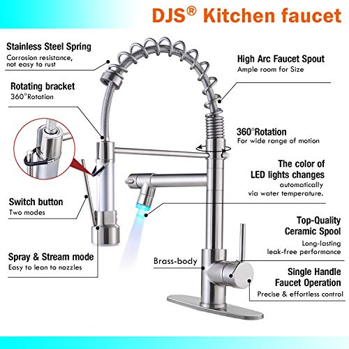 DJS Kitchen Faucet with Pull Down Sprayer, Faucet for Kitchen Sink, High Arch Stainless Steel Single Handle Spring Kitchen Faucets with Deck Plate for 1 or 3 Holes for Sink. DJS-CFLT-2020N-Lock-LED-DP
