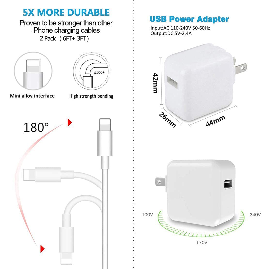 iPad Charger Cable,Fast iPad Charger,iPad Fast Charging[MFi Certified] 12W Foldable Portable Travel USB Wall Charger 3Pack[3/6FT] Cable Cord for iPad 9/iPad Mini/iPad Air