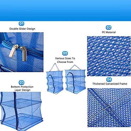 MAHDETP 2.2ft 3 Layer Non-Toxic Nylon Netting Foldable Drying Rack for Fish Vegetables Fruit Herb Practical Hanging Net Dry Cage(15.7 x15.7 x25.6inch)