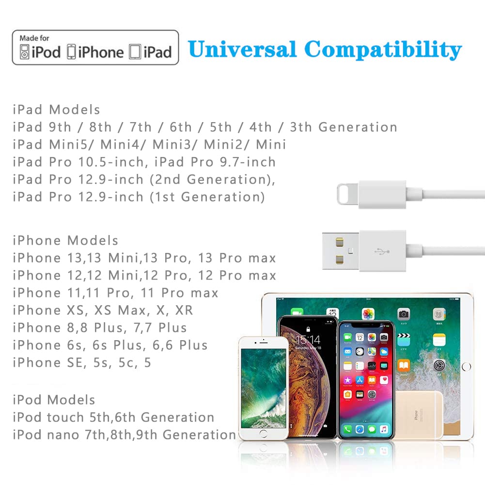 iPad Charger Cable,Fast iPad Charger,iPad Fast Charging[MFi Certified] 12W Foldable Portable Travel USB Wall Charger 3Pack[3/6FT] Cable Cord for iPad 9/iPad Mini/iPad Air