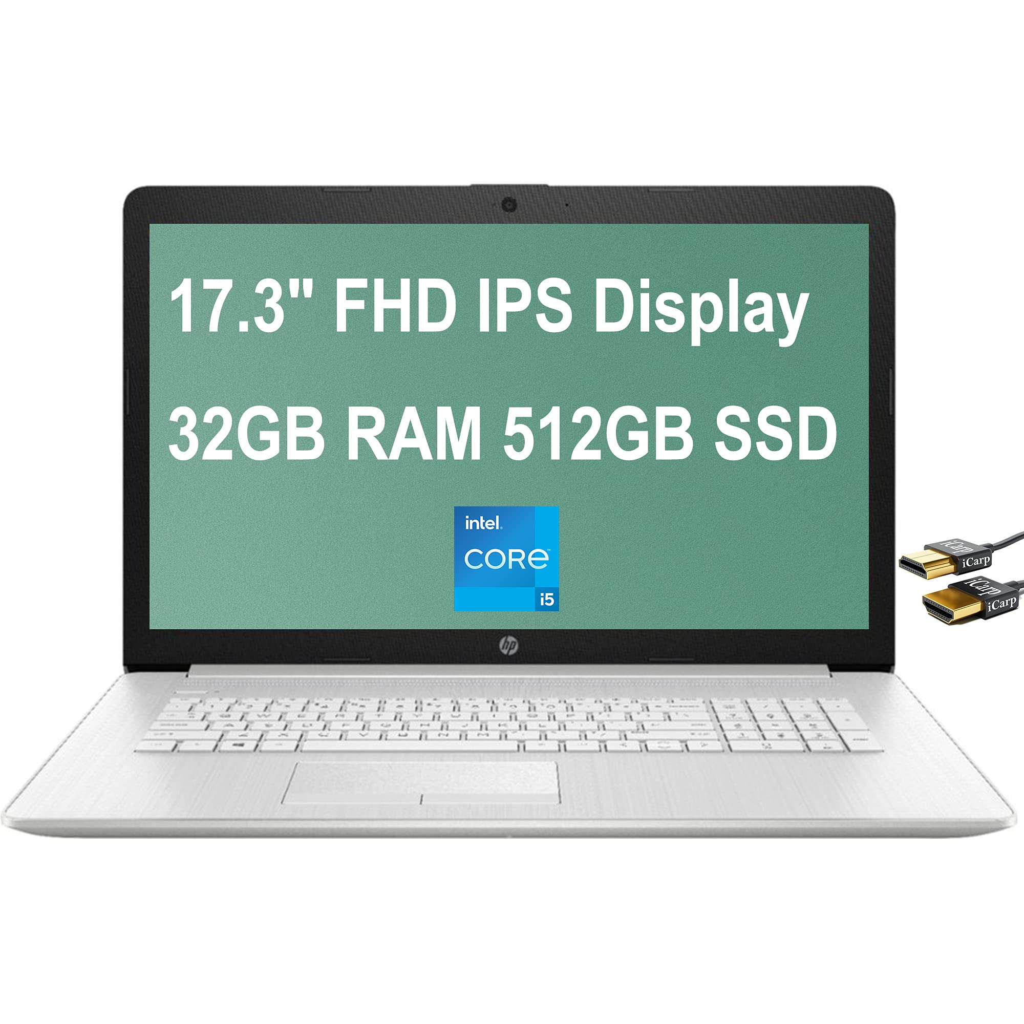 HP 17 Laptop Computer 17.3" Full HD IPS Display 11th Gen Intel Quad-Core i5-1135G7 (Beats i7-10510U) 32GB RAM 512GB SSD Intel Iris Xe Graphics Webcam Win10 Silver + HDMI Cable