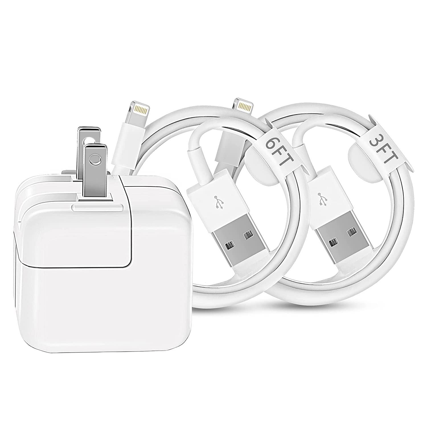 iPad Charger Cable,Fast iPad Charger,iPad Fast Charging[MFi Certified] 12W Foldable Portable Travel USB Wall Charger 3Pack[3/6FT] Cable Cord for iPad 9/iPad Mini/iPad Air