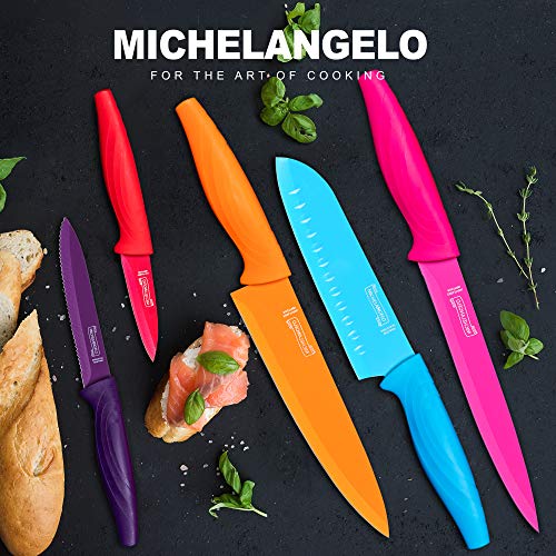 MICHELANGELO Kitchen Knife Set 10 Piece, Rainbow Knife Set for Kitchen, High Carbon Stainless Steel Kitchen Knives Set, Dishwasher Safe, Colorful Knife Set- 5 Knives and 5 Knife Covers