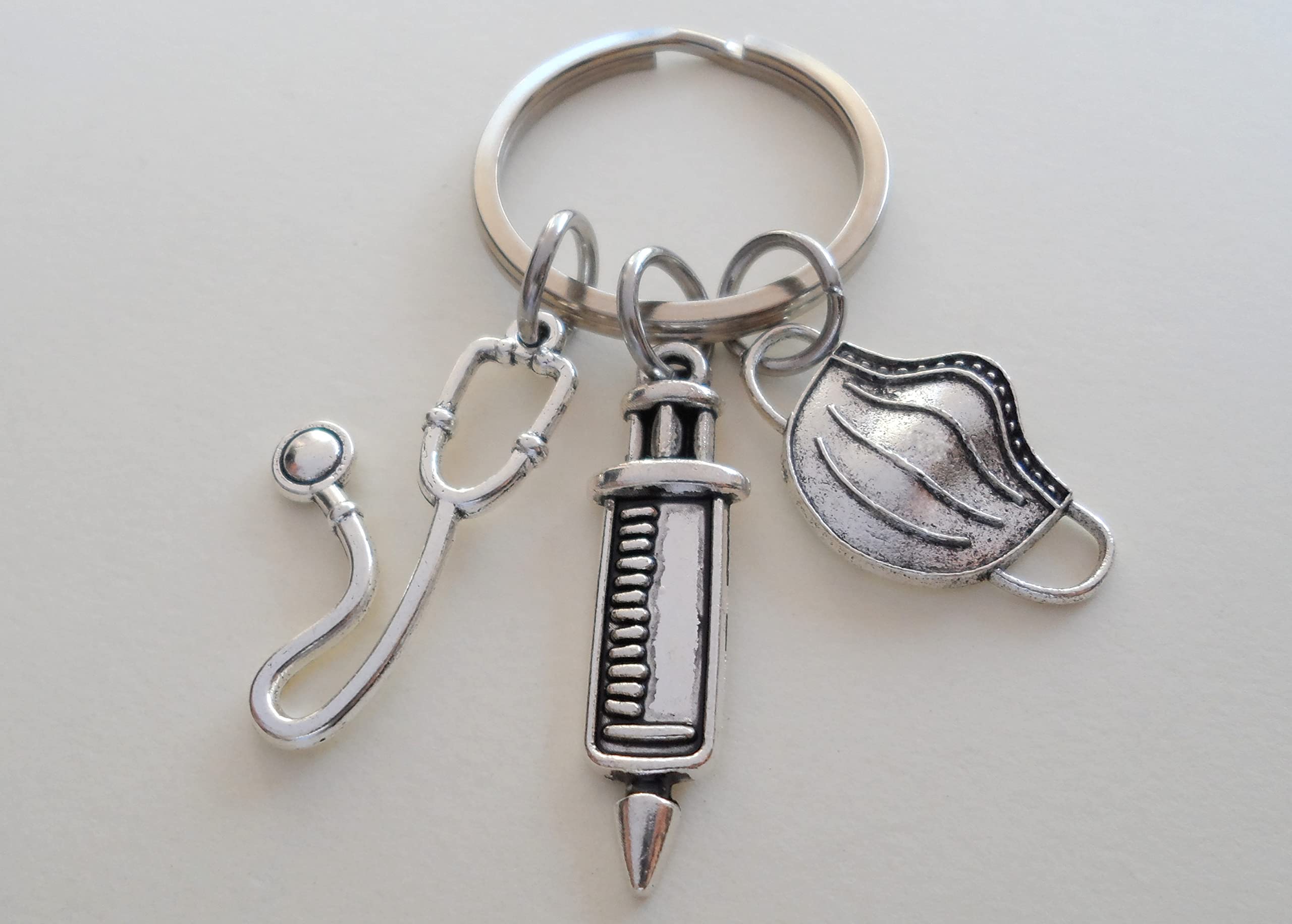 JewelryEveryday Small Stethoscope, Syringe, & Face Mask Charm Keychain, Medical Professional Charm Keychain, Nurse Appreciation Keychain