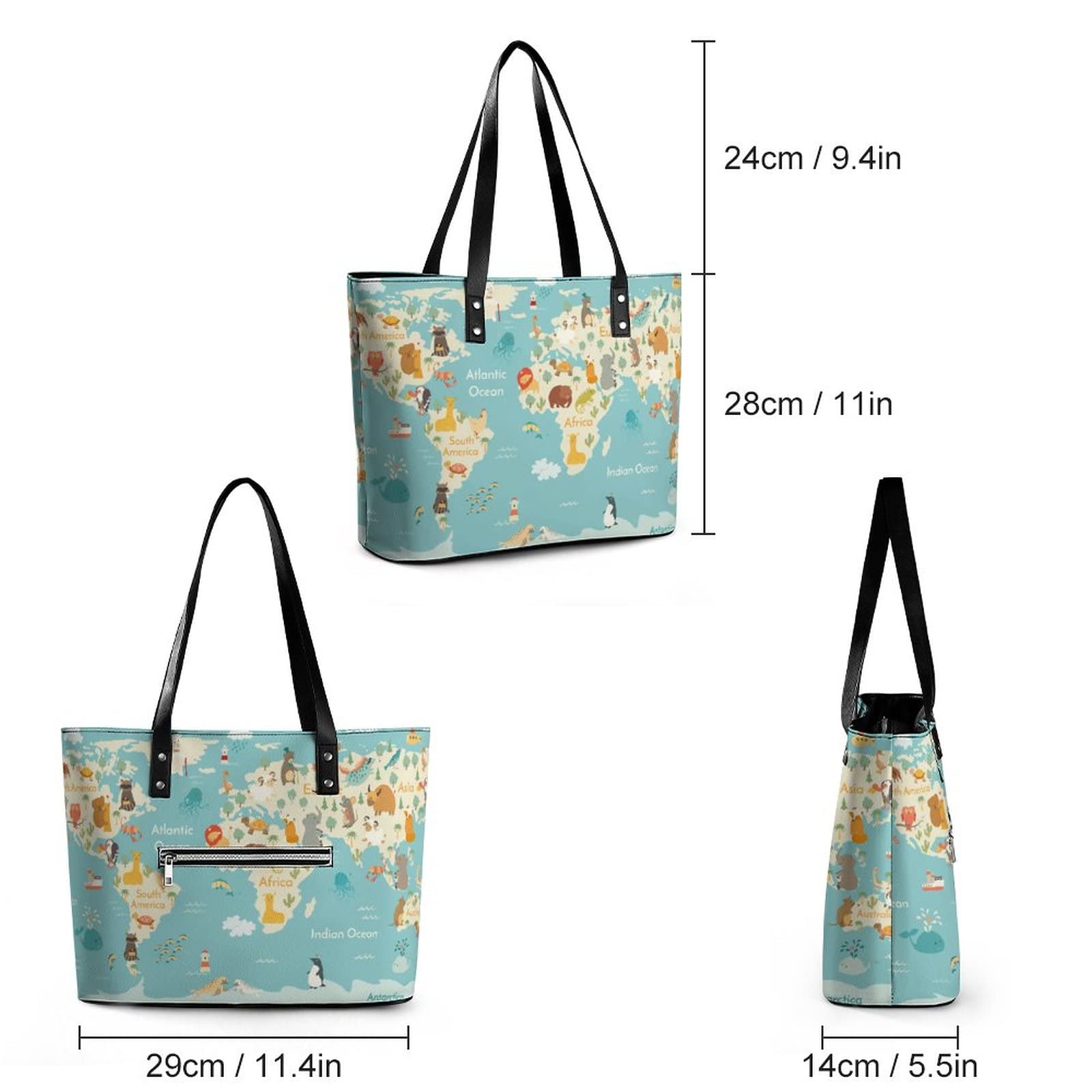 Womens Handbag World Map Leather Tote Bag Top Handle Satchel Bags For Lady