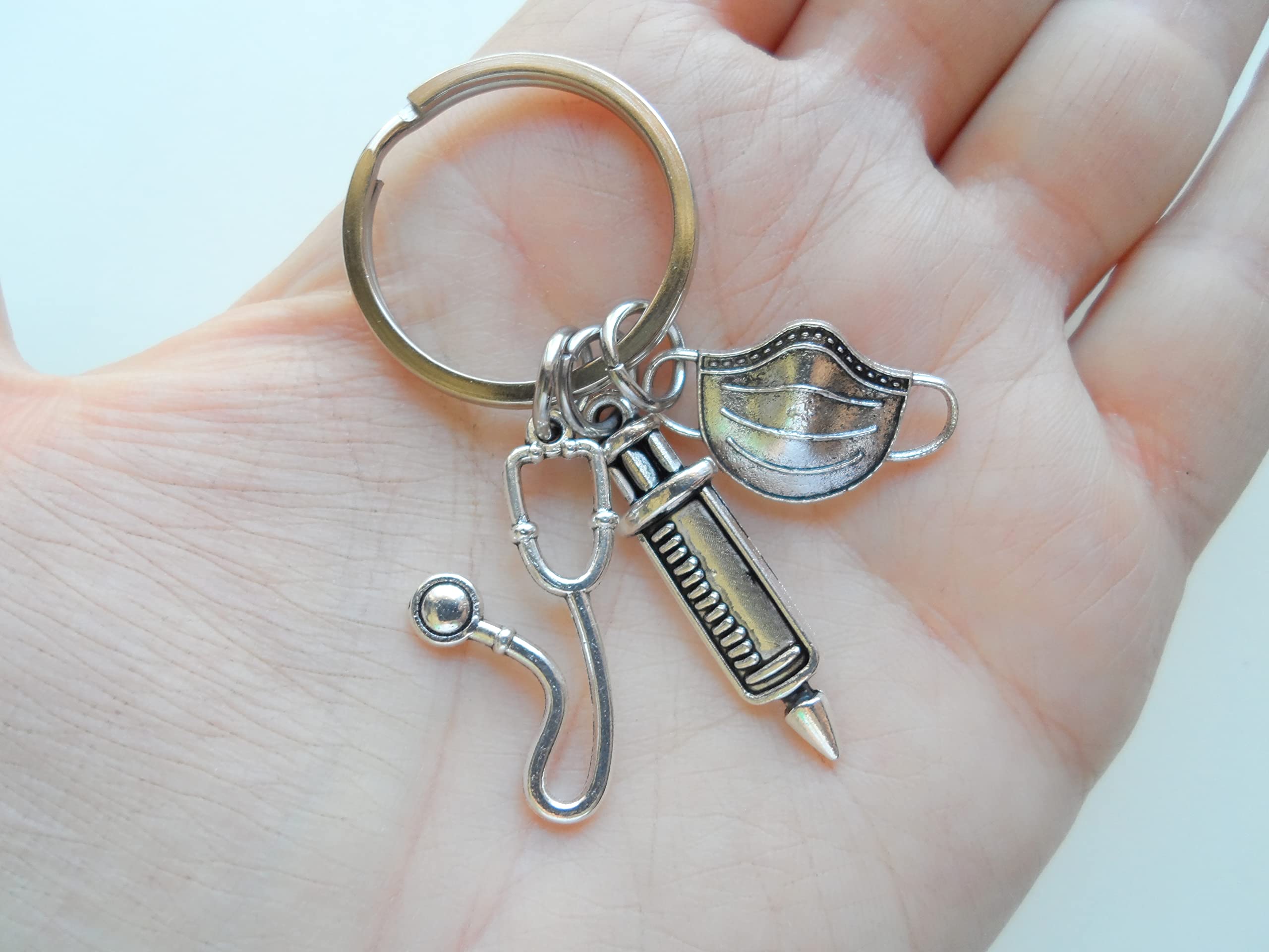 JewelryEveryday Small Stethoscope, Syringe, & Face Mask Charm Keychain, Medical Professional Charm Keychain, Nurse Appreciation Keychain