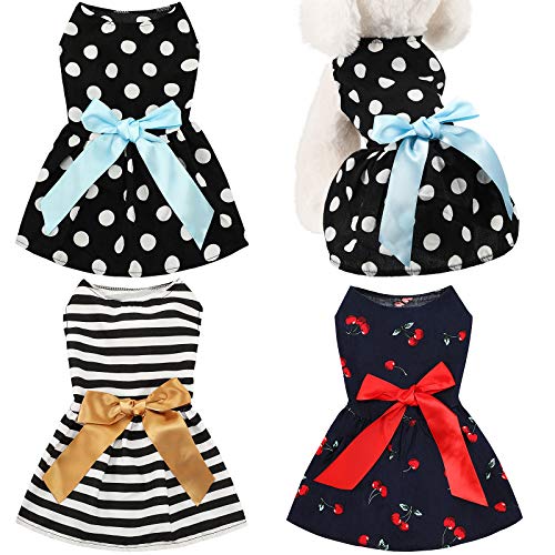 3 Pieces Cute Ribbon Dog Dress for Small Medium Dogs Puppy Shirts Dog Clothes Pet Apparel for Cats in Wedding Holiday Christmas New Year Spring Summer (White Dots, Black White Stripes, Cherries,M)