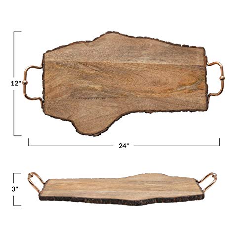 Creative Co-Op Mango Live Edge Wood Slab Serving Tray with Copper Finish Handles Cutting Board, 24" x 12.5", Natural