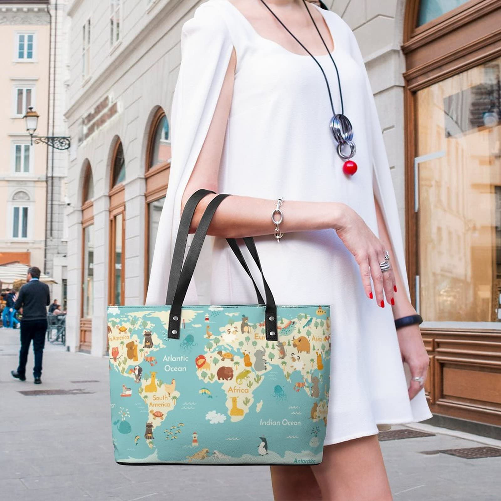 Womens Handbag World Map Leather Tote Bag Top Handle Satchel Bags For Lady