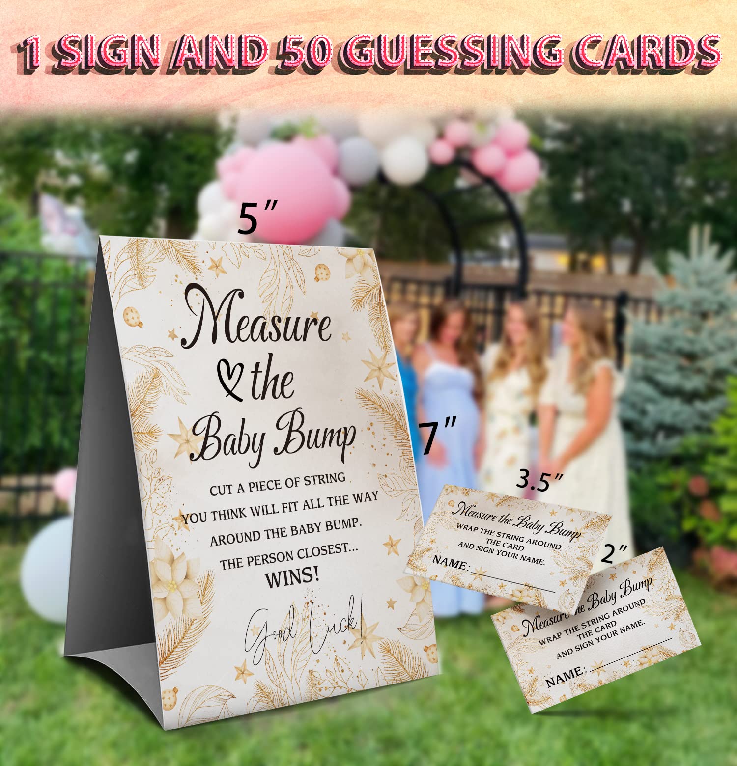 Muruseni Decorative Signage, Baby Shower Sign - Measure Mommy's Belly, 7 x 5 inches, Paper, Includes 50 Guessing Cards