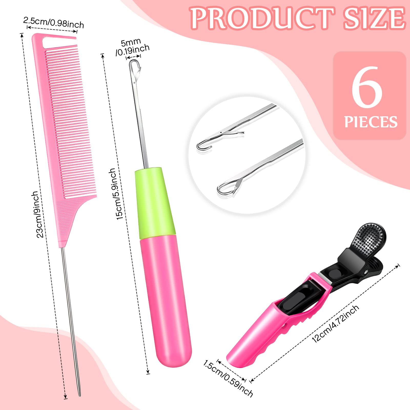 Crochet Hooks Set with Accessories - 6 Hair Needle Hooks, Rat Tail Comb, and 4 Alligator Clips for Hair Braiding, Extensions, and All Ages
