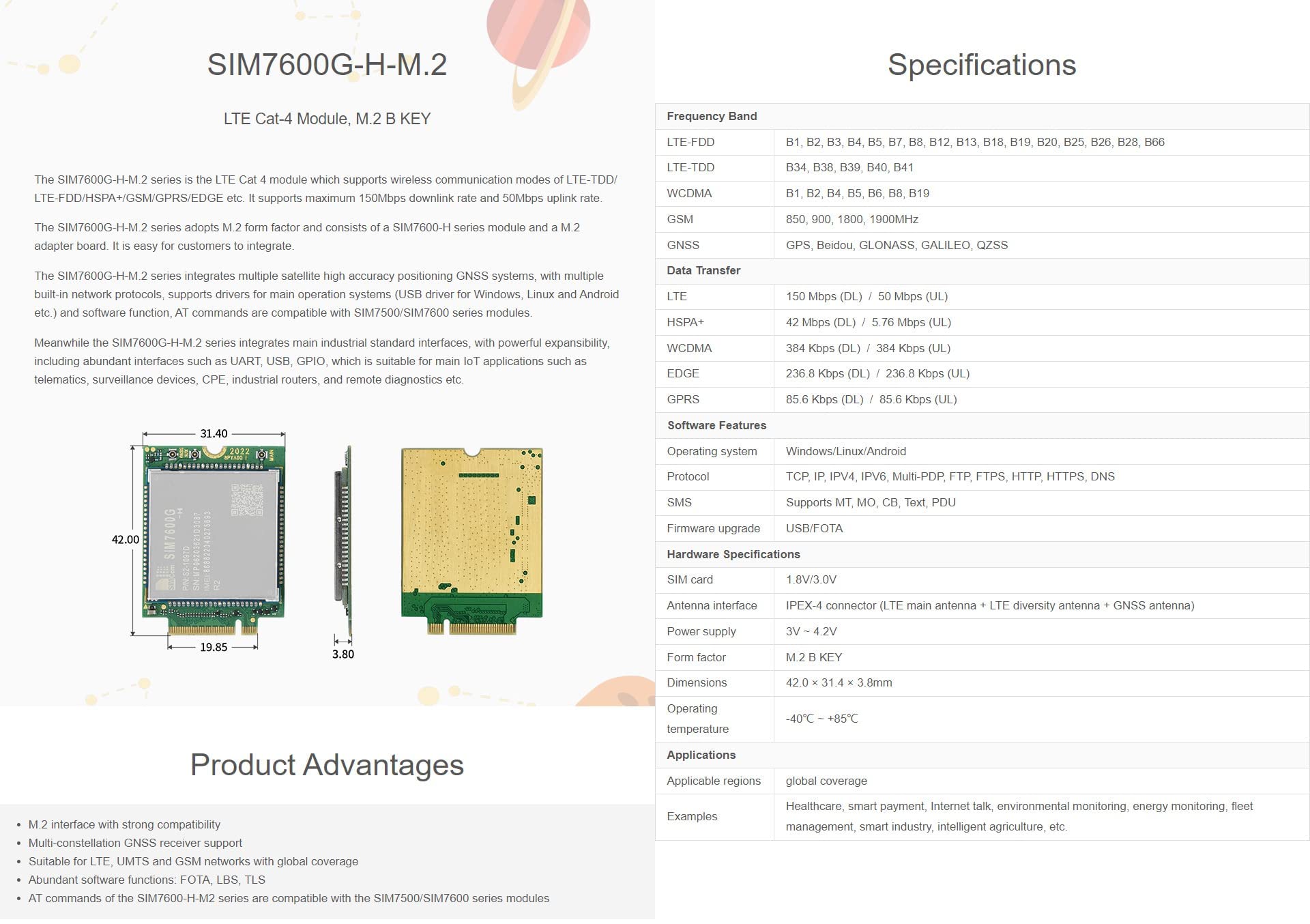 Waveshare SIM7600G-H-M.2 SIMCom Original 4G LTE Cat-4 Module Global Coverage with GNSS Support M.2 B Key Connector LTE-TDD LTE-FDD HSPA+ GSM GPRS Edge