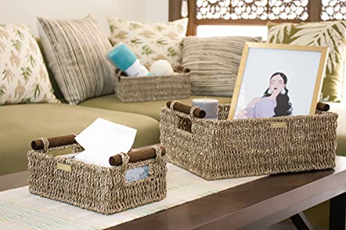ADO Basics Wicker Basket with Stain Resistant Wooden Handles, Seagrass Wicker Baskets for organizing 14.6"x10.3"x6.2" and 12"x8.3"x5.1" and 9.5"x6.6"x4.1", Set of 3