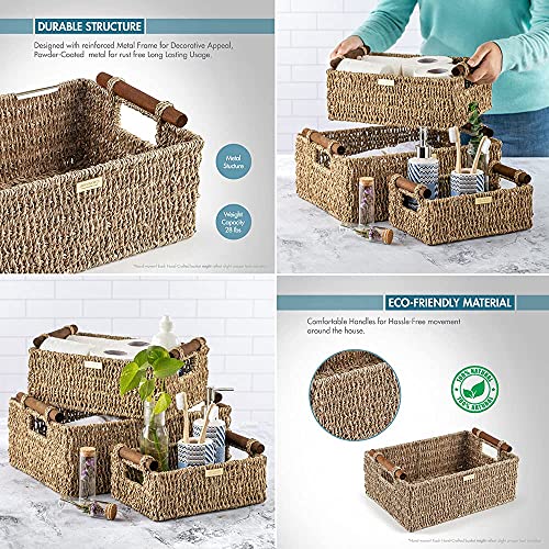ADO Basics Wicker Basket with Stain Resistant Wooden Handles, Seagrass Wicker Baskets for organizing 14.6"x10.3"x6.2" and 12"x8.3"x5.1" and 9.5"x6.6"x4.1", Set of 3