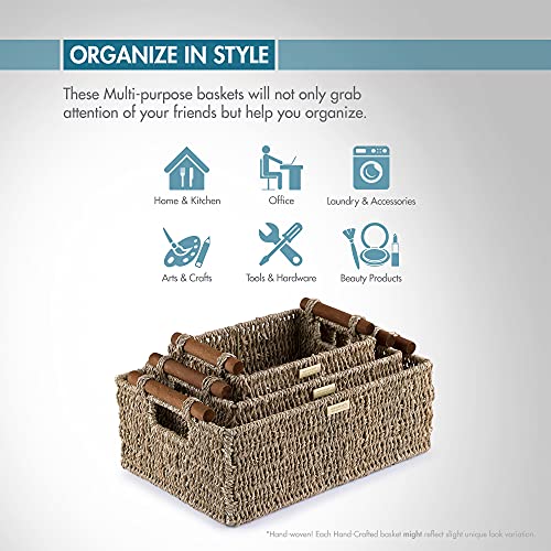 ADO Basics Wicker Basket with Stain Resistant Wooden Handles, Seagrass Wicker Baskets for organizing 14.6"x10.3"x6.2" and 12"x8.3"x5.1" and 9.5"x6.6"x4.1", Set of 3