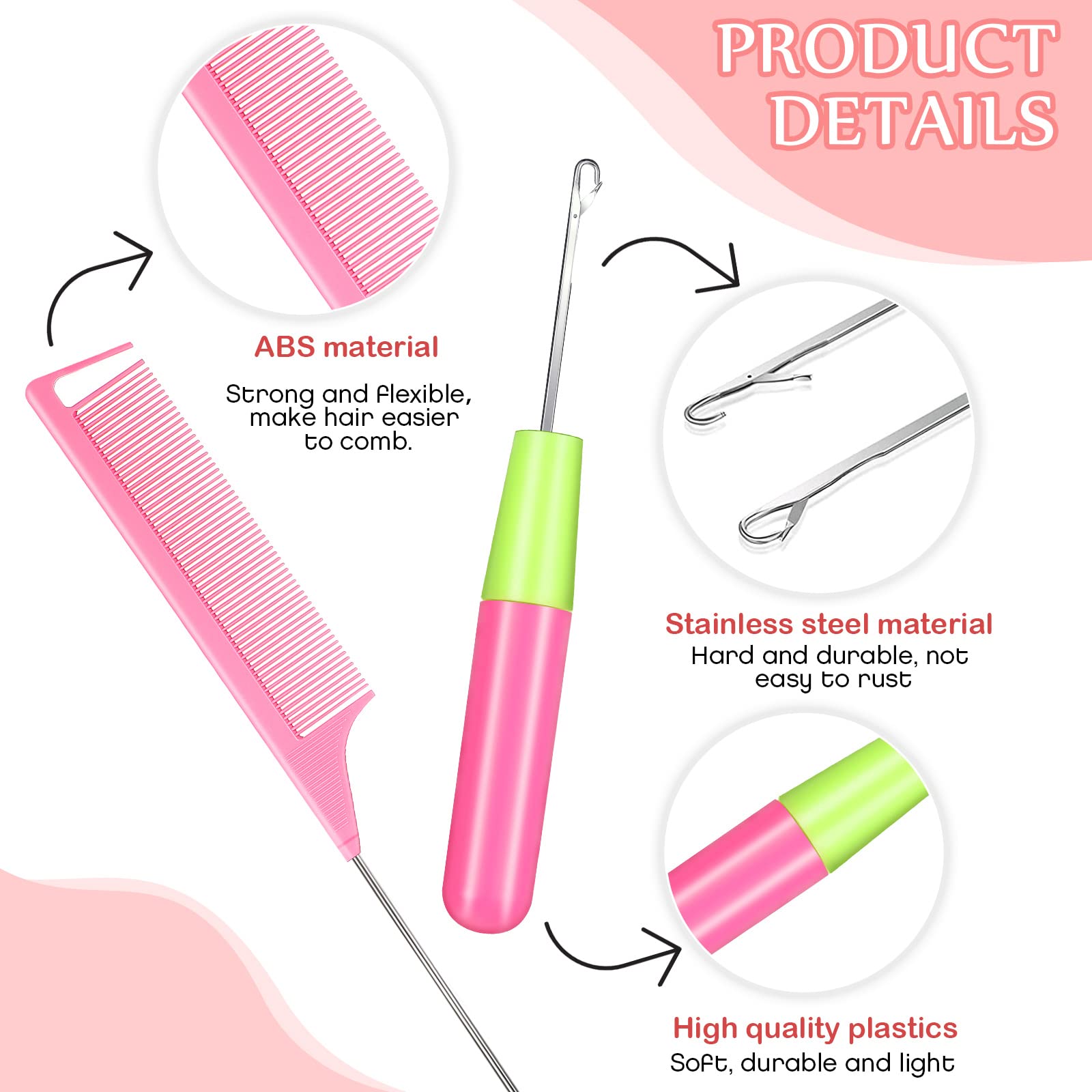 Crochet Hooks Set with Accessories - 6 Hair Needle Hooks, Rat Tail Comb, and 4 Alligator Clips for Hair Braiding, Extensions, and All Ages