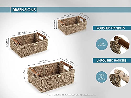 ADO Basics Wicker Basket with Stain Resistant Wooden Handles, Seagrass Wicker Baskets for organizing 14.6"x10.3"x6.2" and 12"x8.3"x5.1" and 9.5"x6.6"x4.1", Set of 3