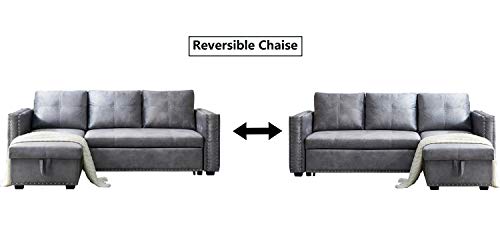 JULYFOX Gray Sectional Sofa with Storage Chaise, Mid Century Modern Reversible L-Shaped Sleeper Sectional Sofa Bed Button Tufted Copper Nail Head Trim 90 inch Wide for Living Room Office
