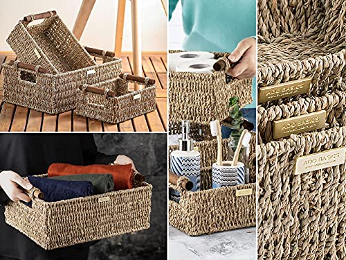 ADO Basics Wicker Basket with Stain Resistant Wooden Handles, Seagrass Wicker Baskets for organizing 14.6"x10.3"x6.2" and 12"x8.3"x5.1" and 9.5"x6.6"x4.1", Set of 3