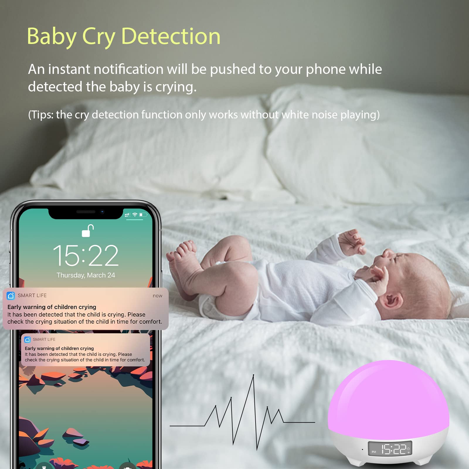 Panamalar Smart Sound Machine 2 in 1 WiFi White Noise Machine with Night Light 16 Million Colors for Baby Adults Kids, 34 Soothing Sound Sleeping Maker with Baby Cry Detection/Alexa/App/Dimming/Timer