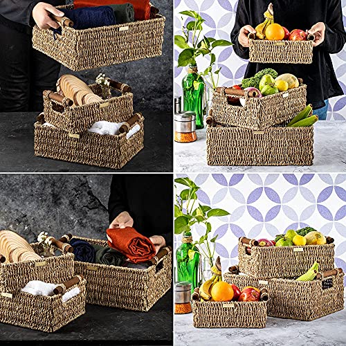 ADO Basics Wicker Basket with Stain Resistant Wooden Handles, Seagrass Wicker Baskets for organizing 14.6"x10.3"x6.2" and 12"x8.3"x5.1" and 9.5"x6.6"x4.1", Set of 3
