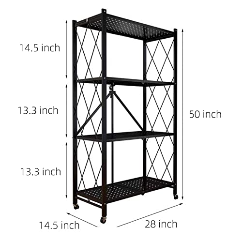 Storage Shelves, Closet Organizers and Storage 4-Shelf Foldable Metal Shelving Units 28" W x 14" D x 50" H for Garage Kitchen Bakers, Collapsible Organizer Rack, Heavy Duty on Wheels (4 -Shelf)