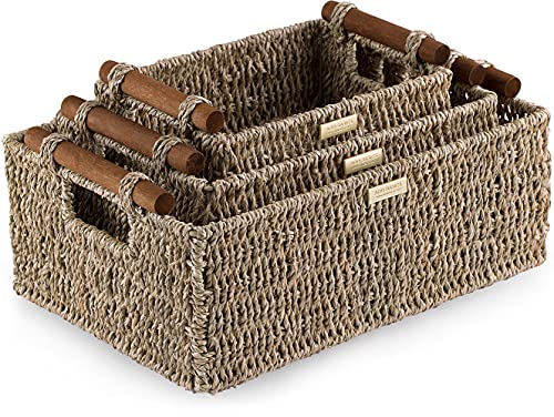 ADO Basics Wicker Basket with Stain Resistant Wooden Handles, Seagrass Wicker Baskets for organizing 14.6"x10.3"x6.2" and 12"x8.3"x5.1" and 9.5"x6.6"x4.1", Set of 3