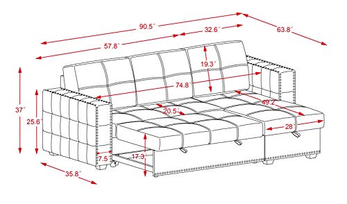 JULYFOX Gray Sectional Sofa with Storage Chaise, Mid Century Modern Reversible L-Shaped Sleeper Sectional Sofa Bed Button Tufted Copper Nail Head Trim 90 inch Wide for Living Room Office
