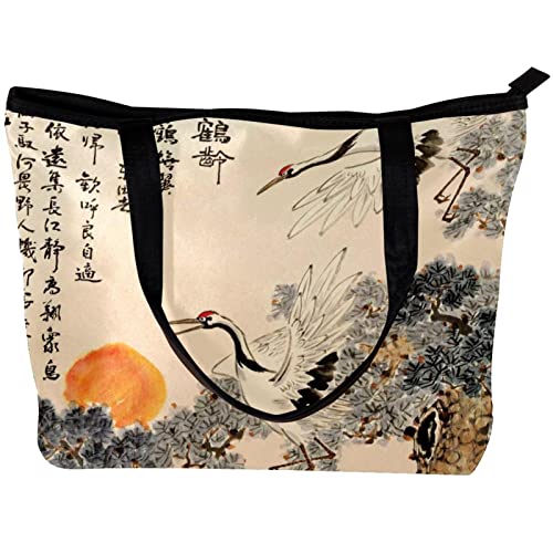 Women's Large Size Canvas Shoulder Bag Hobo Crossbody Handbag Casual Tote, Chinese Painting Pine Crane Vintage