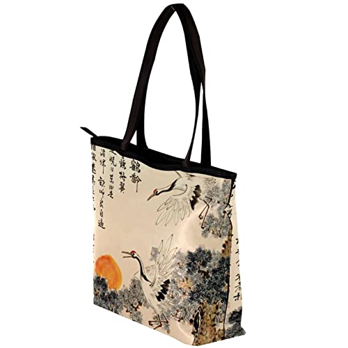 Women's Large Size Canvas Shoulder Bag Hobo Crossbody Handbag Casual Tote, Chinese Painting Pine Crane Vintage
