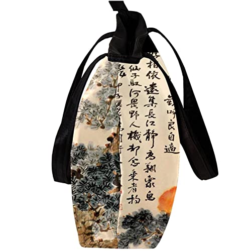 Women's Large Size Canvas Shoulder Bag Hobo Crossbody Handbag Casual Tote, Chinese Painting Pine Crane Vintage