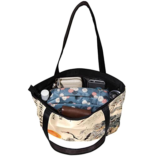 Women's Large Size Canvas Shoulder Bag Hobo Crossbody Handbag Casual Tote, Chinese Painting Pine Crane Vintage