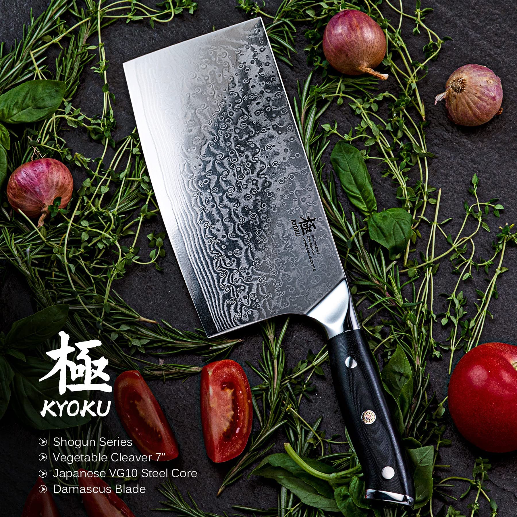 KYOKU 6" Utility Knife +7'' Cleaver + 8'' Serrated Bread Knife + 8.5'' Kiritsuke Knife - Shogun Series - Japanese VG10 Steel Core Forged Damascus Blade